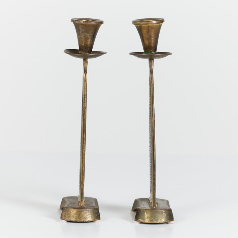 Pair of Israeli Brass Candlesticks with Mosaic Inlay For Sale at 1stDibs
