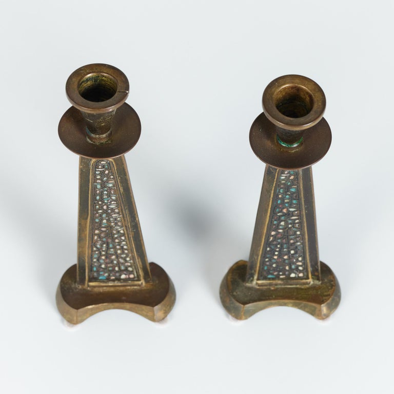Pair of Israeli Brass Candlesticks with Mosaic Inlay For Sale at 1stDibs