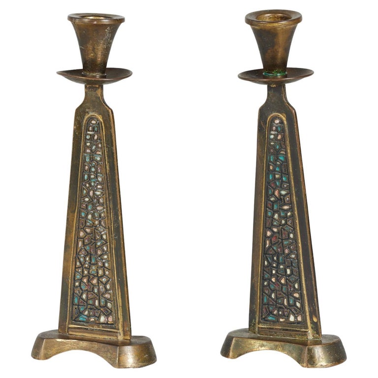 Pair of Israeli Brass Candlesticks with Mosaic Inlay For Sale at 1stDibs
