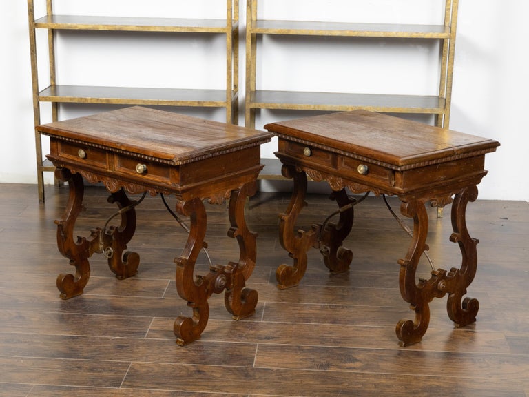 Pair of Italian 1800s Baroque Style Walnut Tables with Drawers and Lyre ...
