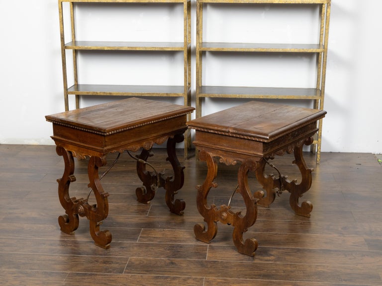 Pair of Italian 1800s Baroque Style Walnut Tables with Drawers and Lyre ...