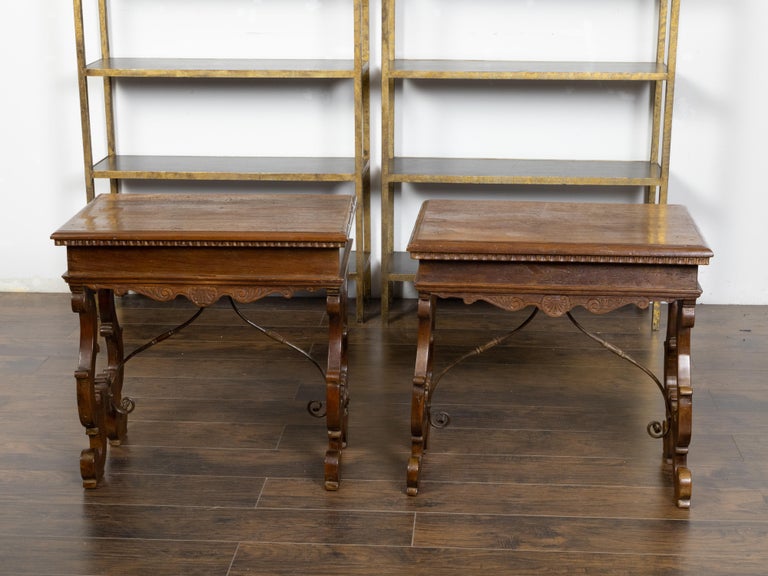 Pair of Italian 1800s Baroque Style Walnut Tables with Drawers and Lyre ...
