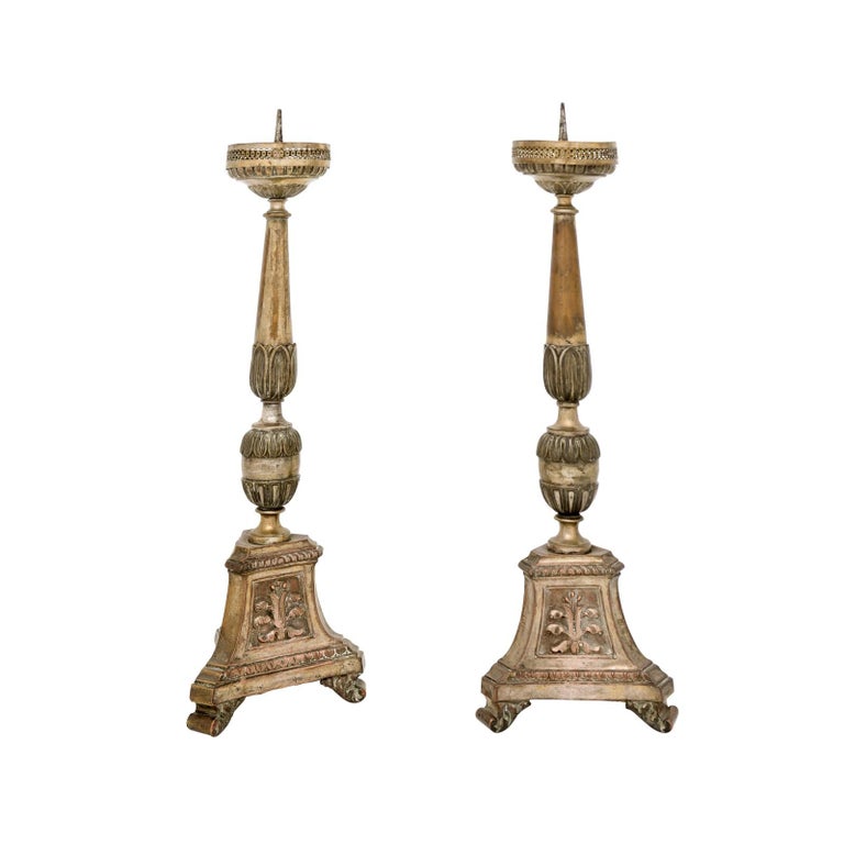 Pair of Italian 19th Century Metal Candlesticks with Silver and Gold ...