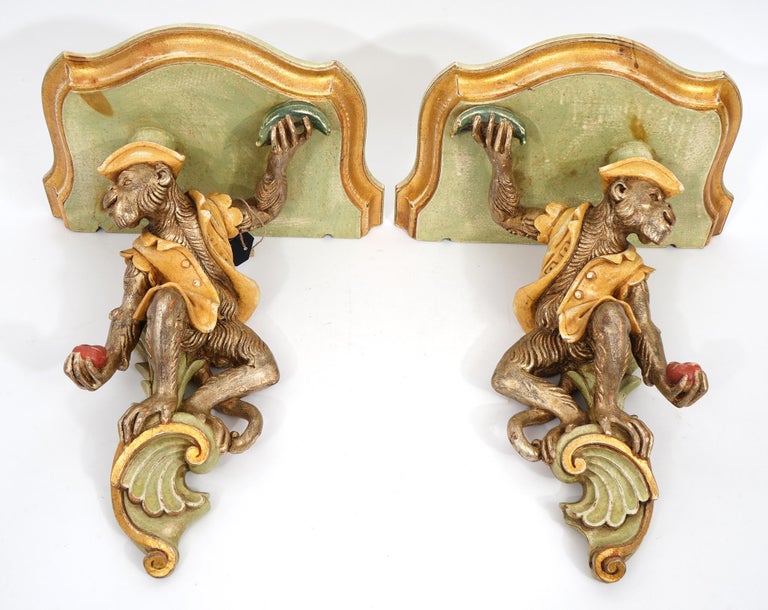 Pair of Italian 20th C Carved and Polychrome Painted Monkey Pirate Wall ...