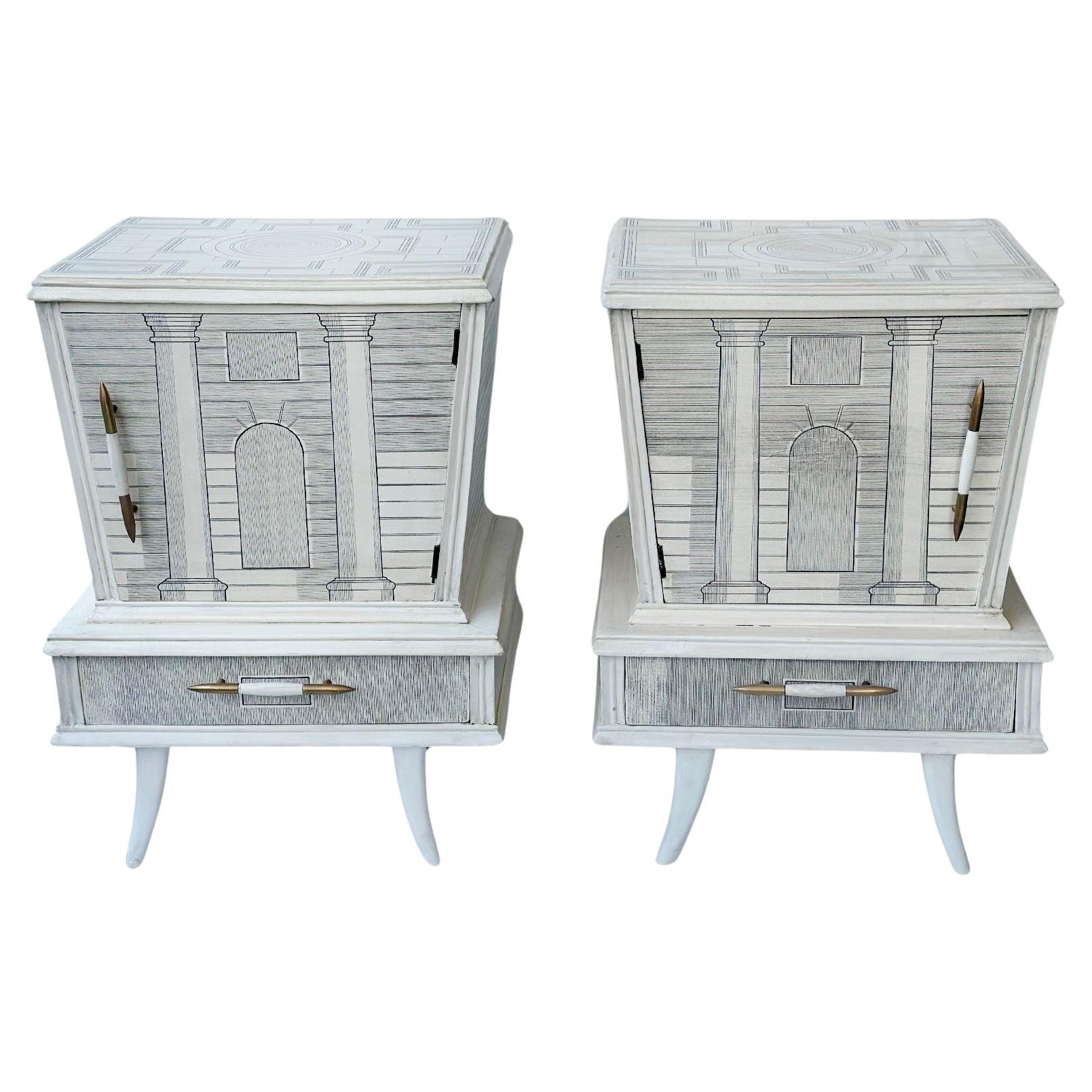 Pair of Italian Architectural Nightstands in the Style of Fornasetti, c ...