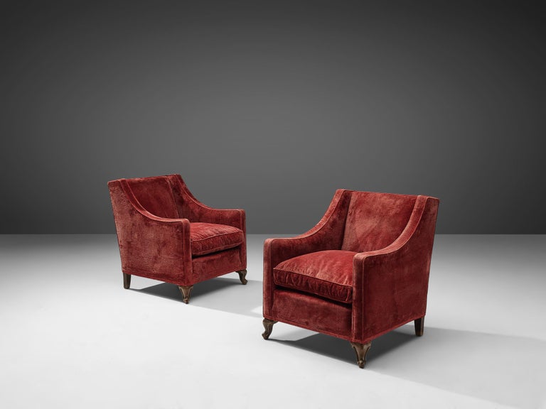 Pair of Italian Armchairs in Red Velour For Sale at 1stDibs