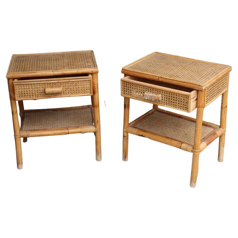 Pair of Italian Bamboo and Straw Night Stands with Drawer Midcentury ...