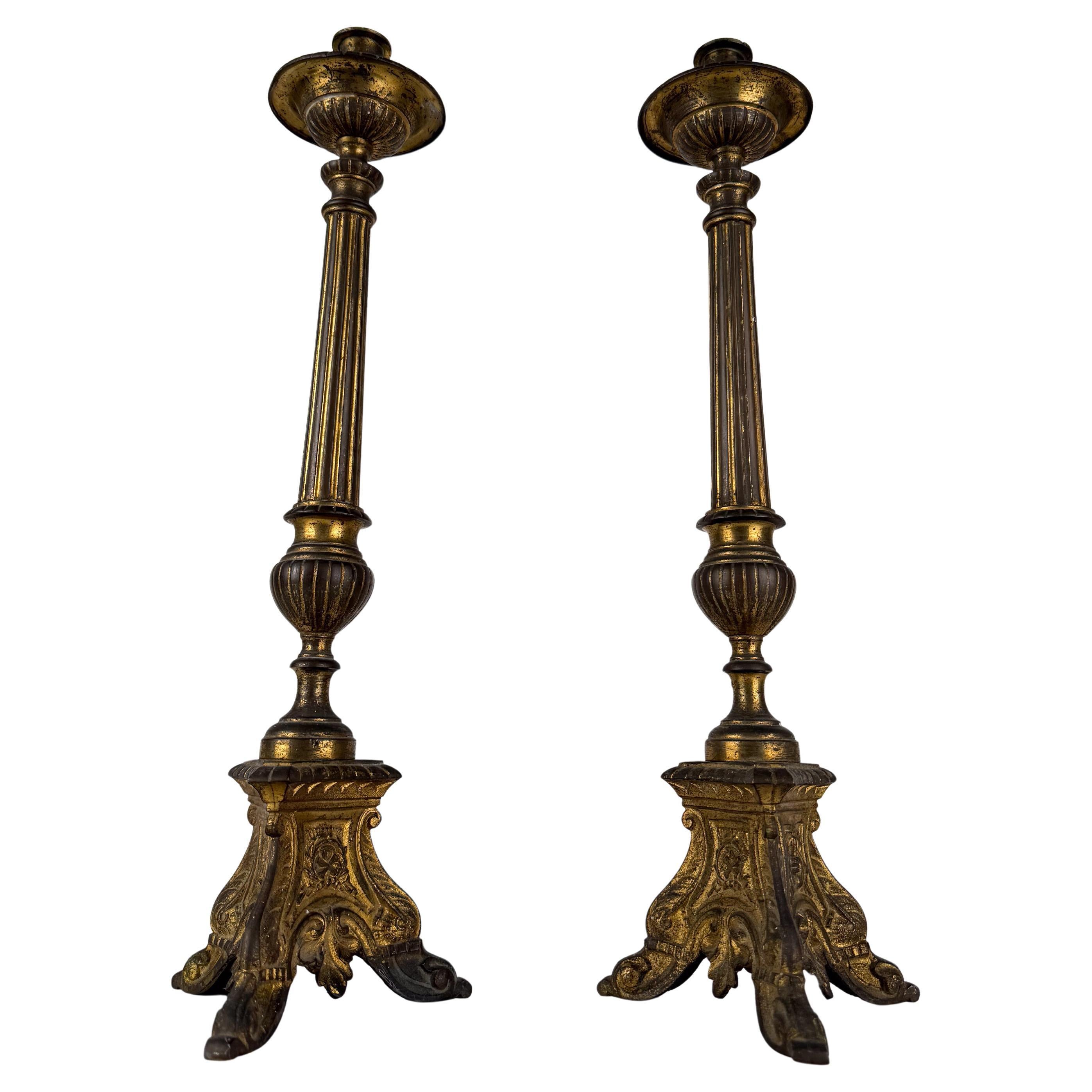 Antique Pair Gothic Cathedral Brass Prickets-Church/Altar Candlesticks ...