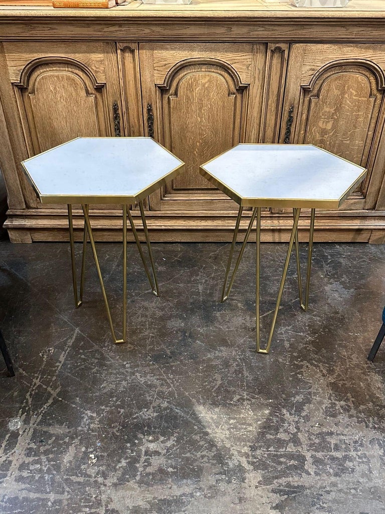 Pair of Italian Brass and Marble Hex Form Tables For Sale at 1stDibs
