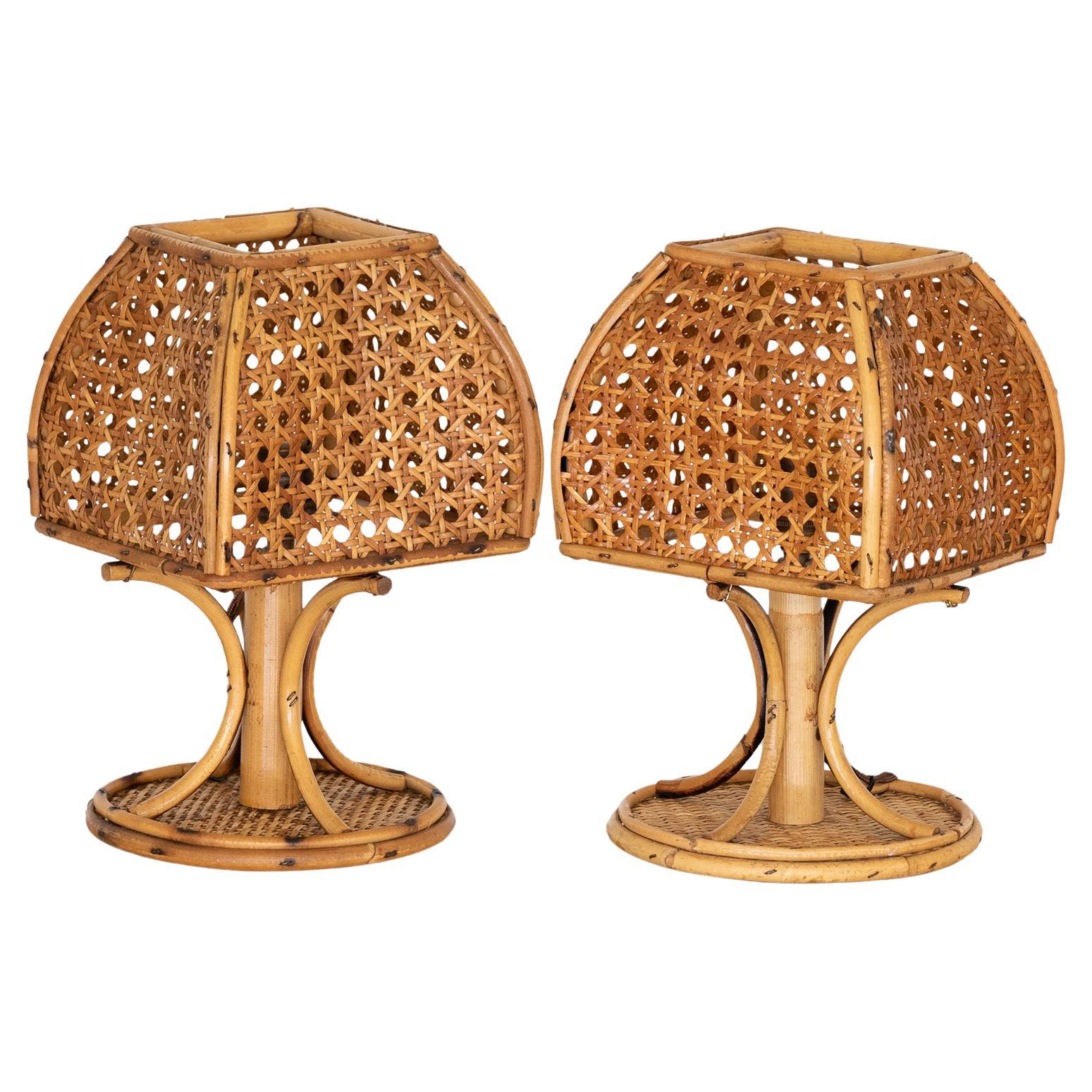Pair of Italian Cane and Bamboo Lamps For Sale at 1stDibs