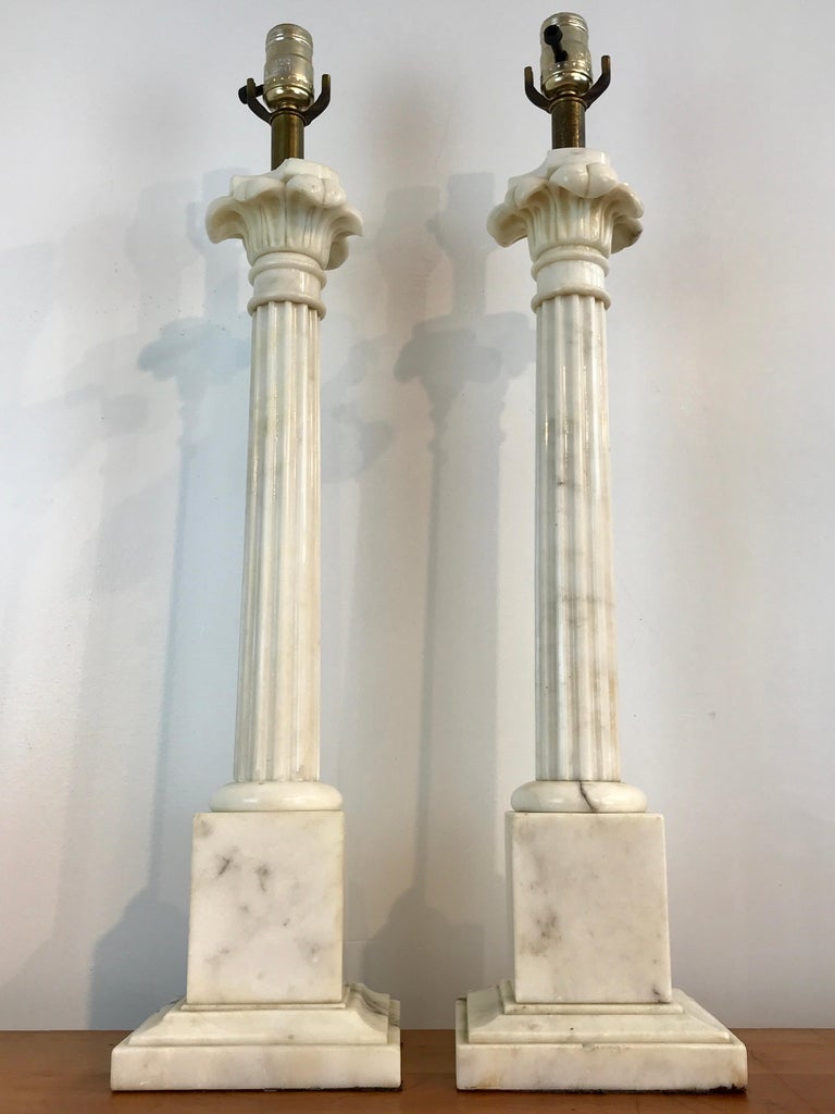Pair of Italian Carrera Marble Column Lamps For Sale at 1stDibs