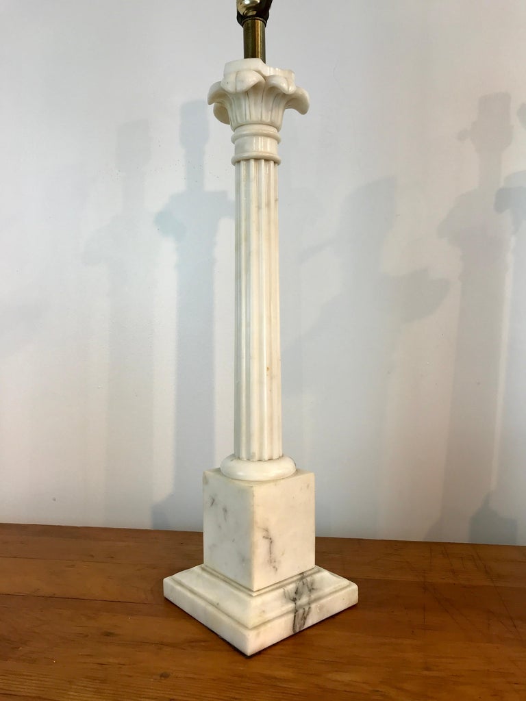 Pair of Italian Carrera Marble Column Lamps For Sale at 1stDibs