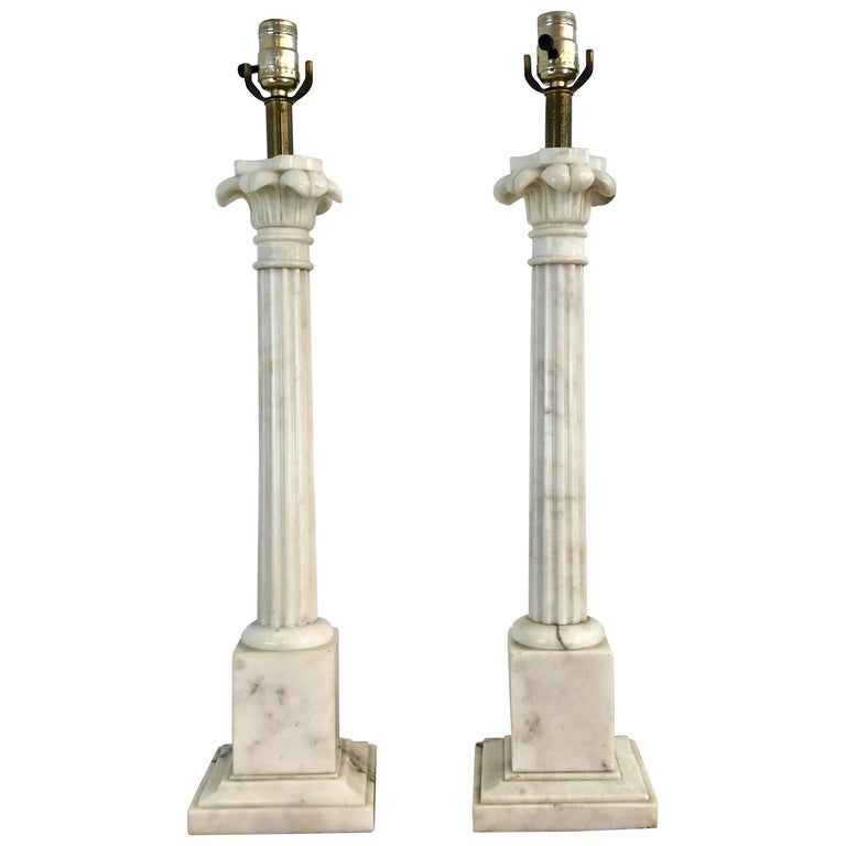 Pair of Italian Carrera Marble Column Lamps For Sale at 1stDibs
