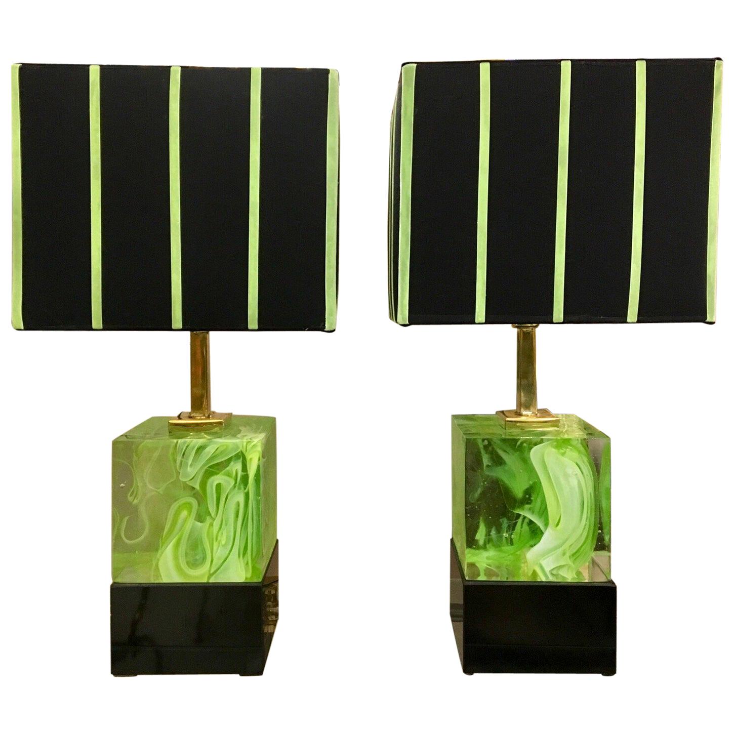 Pair of Italian Cubic Acid Green Murano Glass Lamps Mixed Effect, 2000s ...