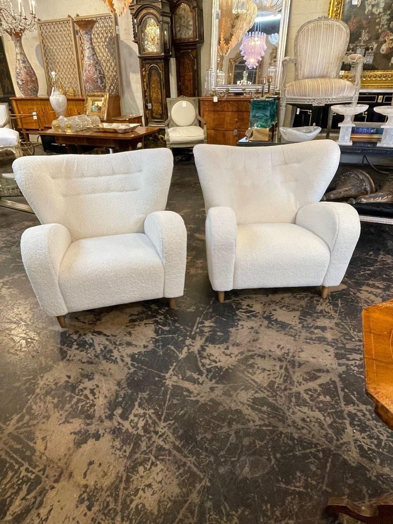 Pair of Italian Custom Large Scale Boucle Covered Bergeres For Sale at 1stDibs