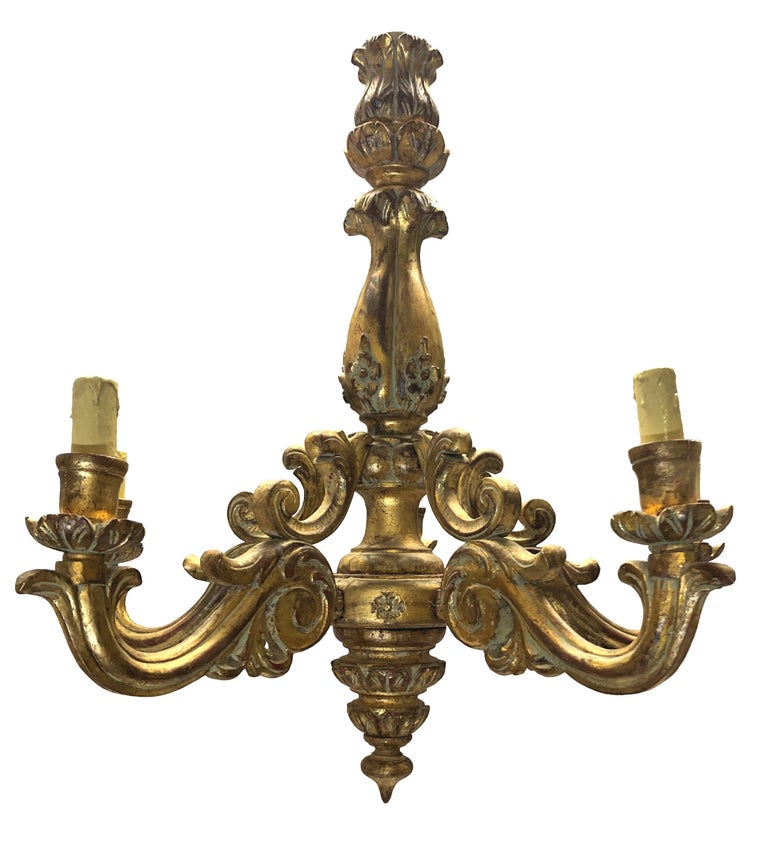 Pair of Italian Five Branch Giltwood Chandeliers For Sale at 1stDibs