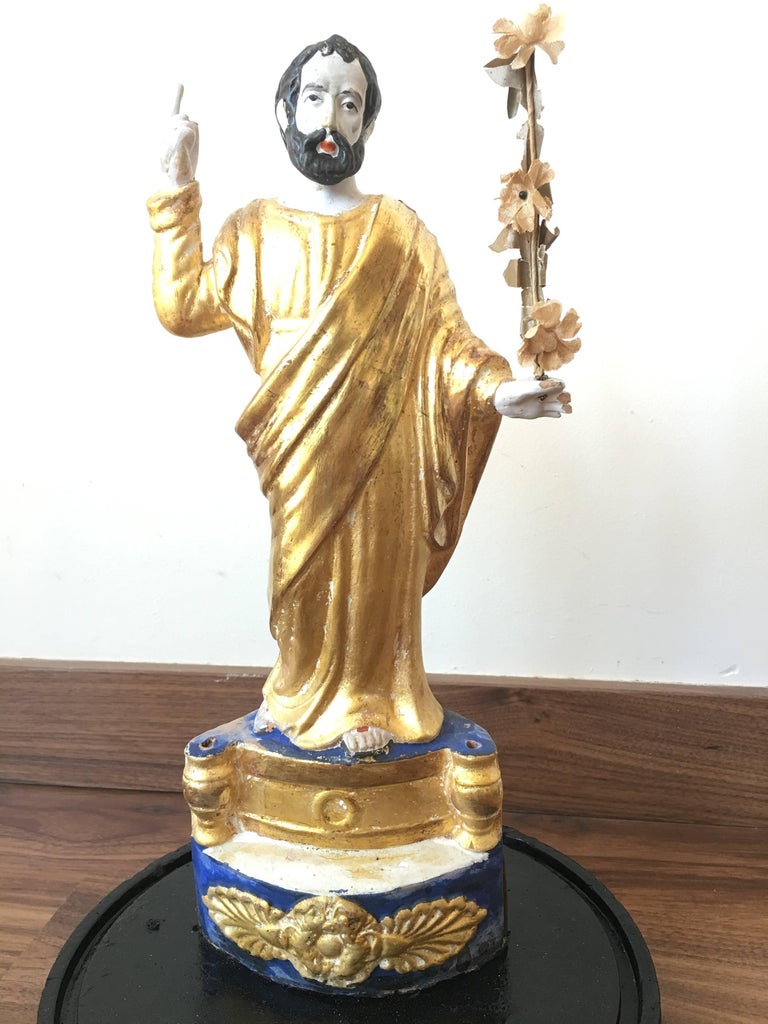 Pair of Italian Gilded Sculptures Religious in a Glass Urn at 1stDibs