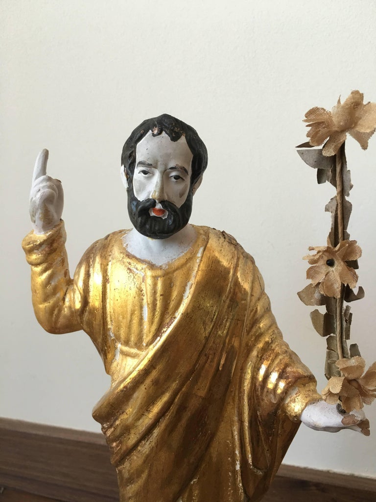 Pair of Italian Gilded Sculptures Religious in a Glass Urn at 1stDibs