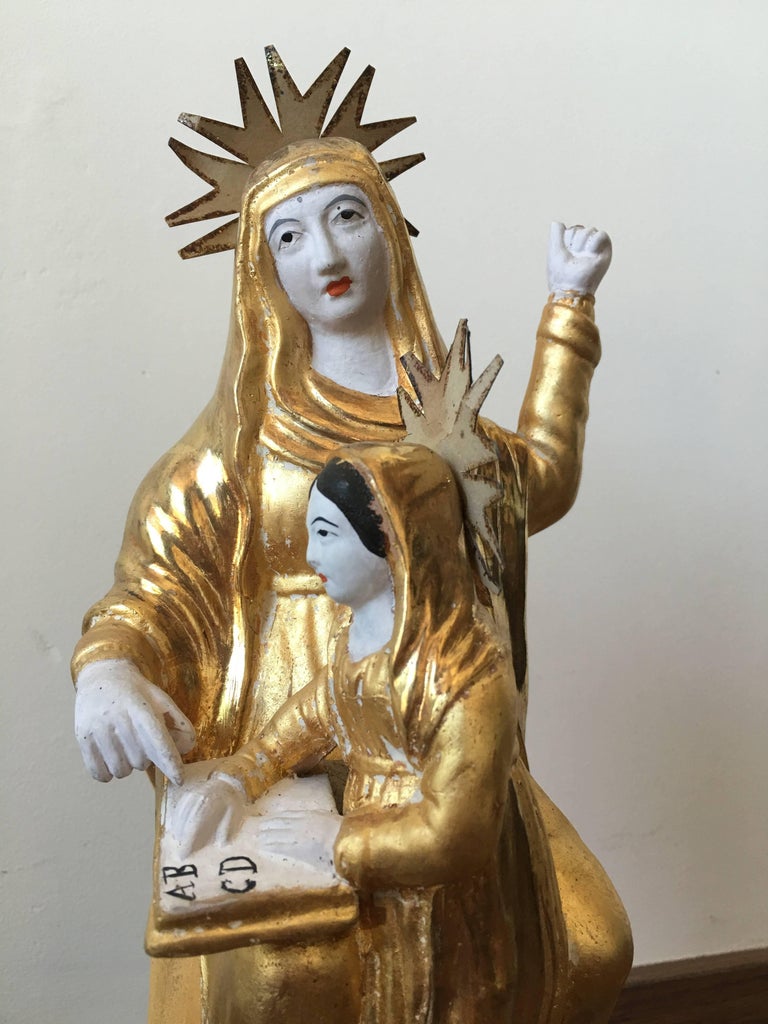 Pair of Italian Gilded Sculptures Religious in a Glass Urn at 1stDibs