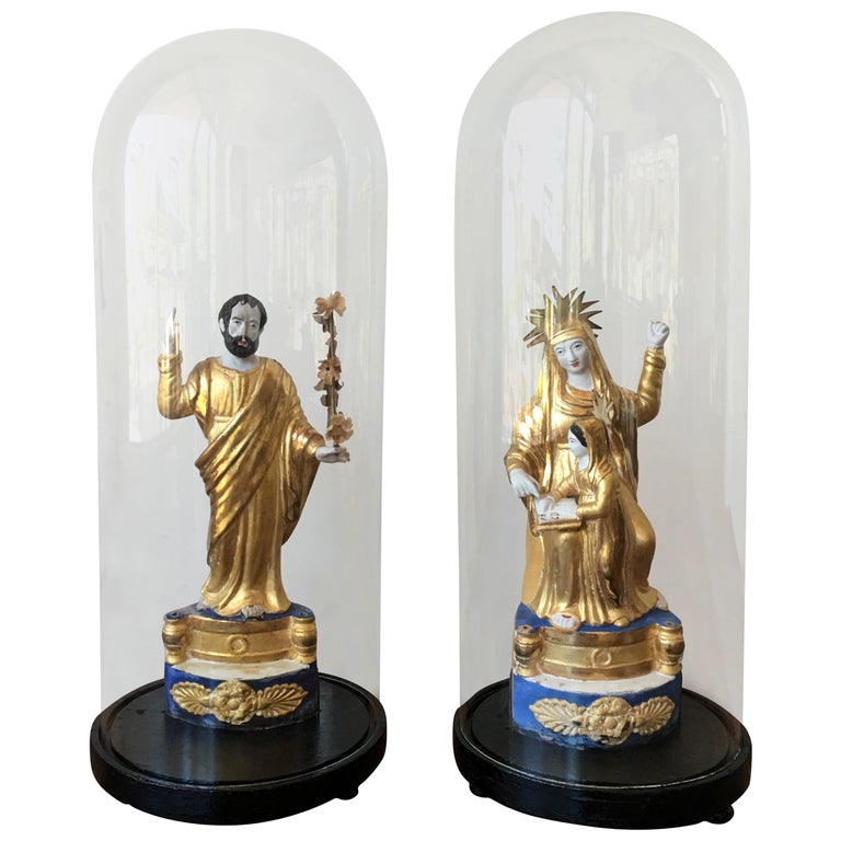 Pair of Italian Gilded Sculptures Religious in a Glass Urn at 1stDibs
