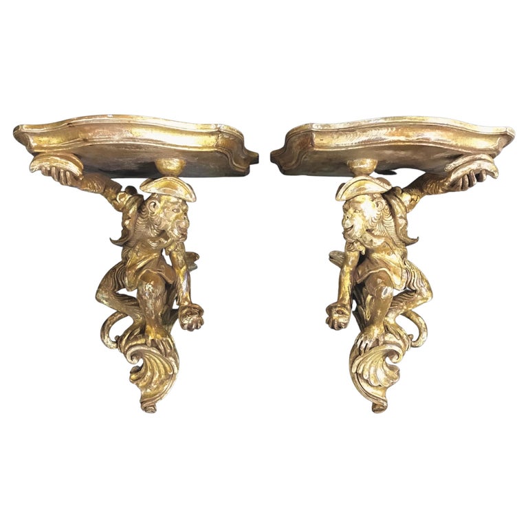 Pair of Italian Gilt Wood Monkey Wall Brackets For Sale at 1stDibs