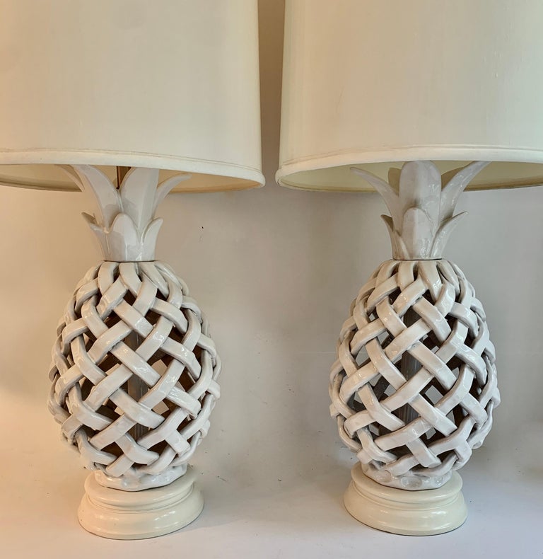 Pair of Italian Glazed Terracotta Lattice Lamps at 1stDibs