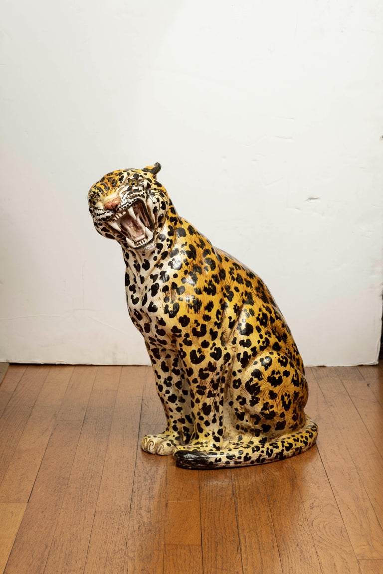Pair of Italian Glazed Terra Cotta Leopard Statues For Sale at 1stDibs
