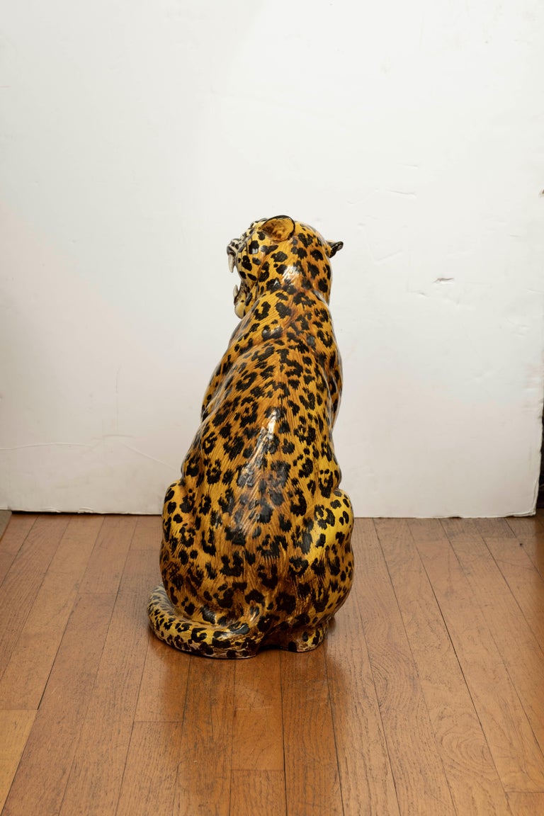 Pair of Italian Glazed Terra Cotta Leopard Statues For Sale at 1stDibs