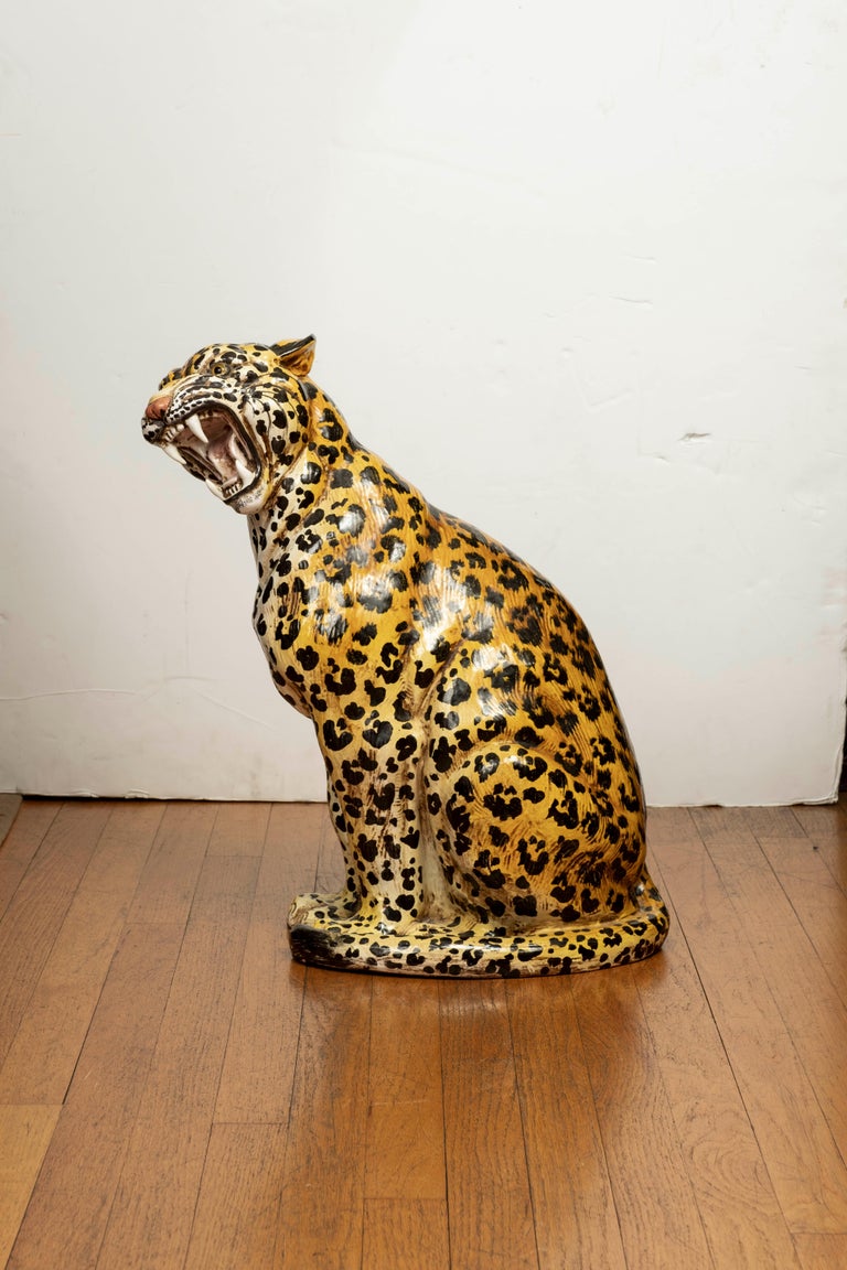 Pair of Italian Glazed Terra Cotta Leopard Statues at 1stDibs