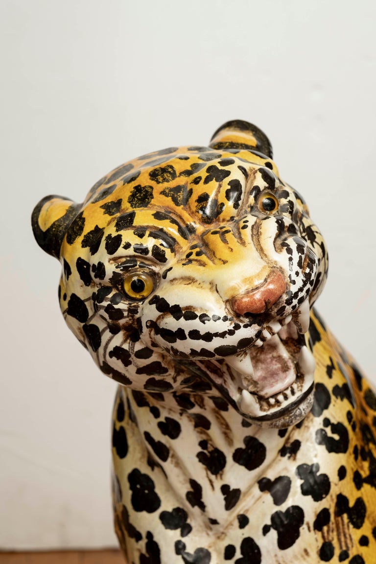 Pair of Italian Glazed Terra Cotta Leopard Statues at 1stDibs