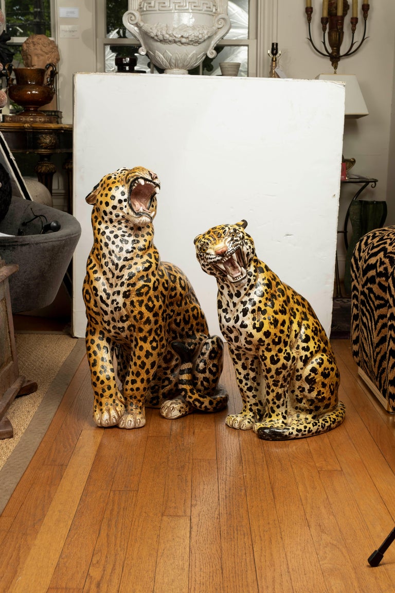 Pair of Italian Glazed Terra Cotta Leopard Statues For Sale at 1stDibs