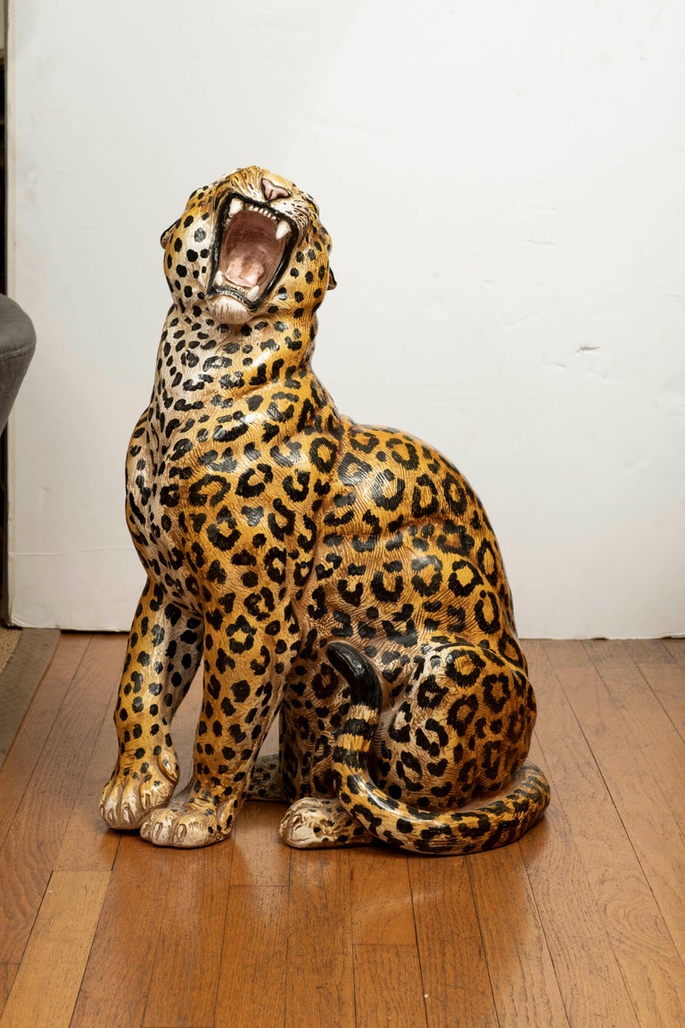 Pair of Italian Glazed Terra Cotta Leopard Statues at 1stDibs