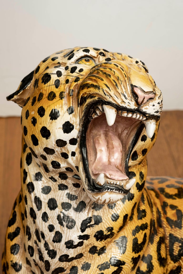 Pair of Italian Glazed Terra Cotta Leopard Statues For Sale at 1stDibs