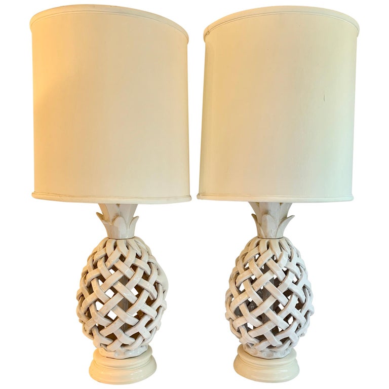 Pair of Italian Glazed Terracotta Lattice Lamps at 1stDibs