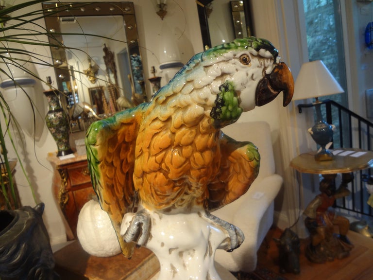 Pair of Italian Glazed Terracotta Parrot Statues For Sale at 1stDibs