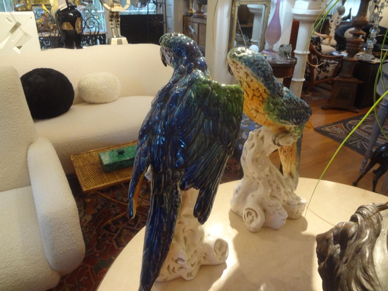 Pair of Italian Glazed Terracotta Parrot Statues For Sale at 1stDibs