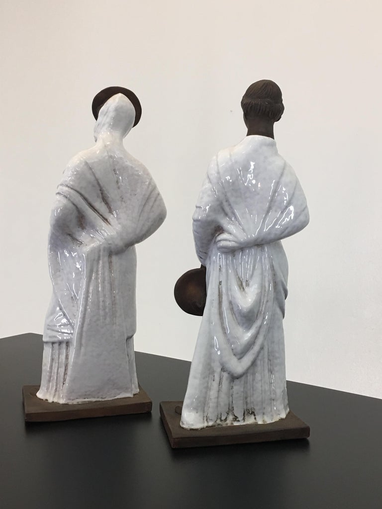 Pair of Italian Glazed Terracotta Tanagra Style Female Figurines at 1stDibs