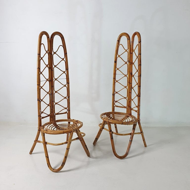 Pair of Italian Highbacked Bamboo Easy Chairs, 1950's at 1stDibs
