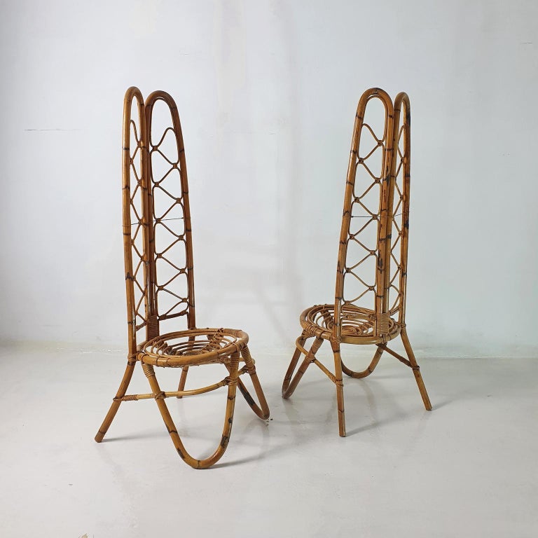 Pair of Italian Highbacked Bamboo Easy Chairs, 1950's at 1stDibs