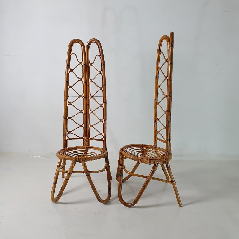 Pair of Italian Highbacked Bamboo Easy Chairs, 1950's at 1stDibs