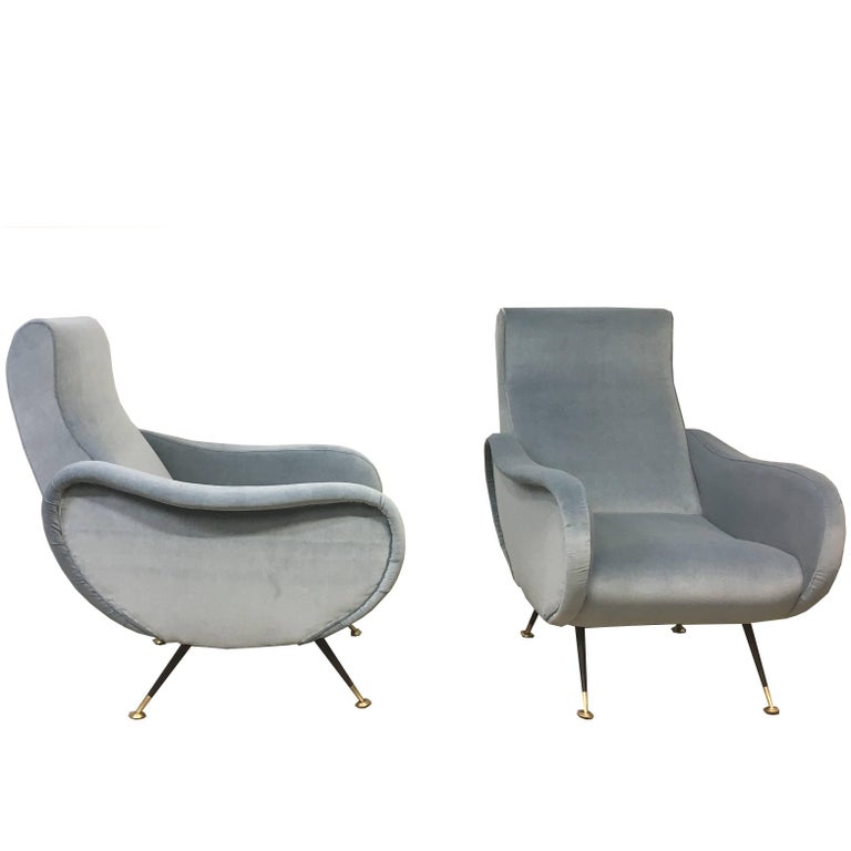Pair of Light Blue Velvet Italian Lady Armchairs Marco Zanuso Style ...