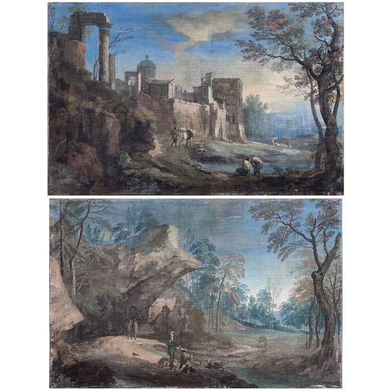 Pair of Italian Landscapes 19th Century Large Tempera on Canvas ...