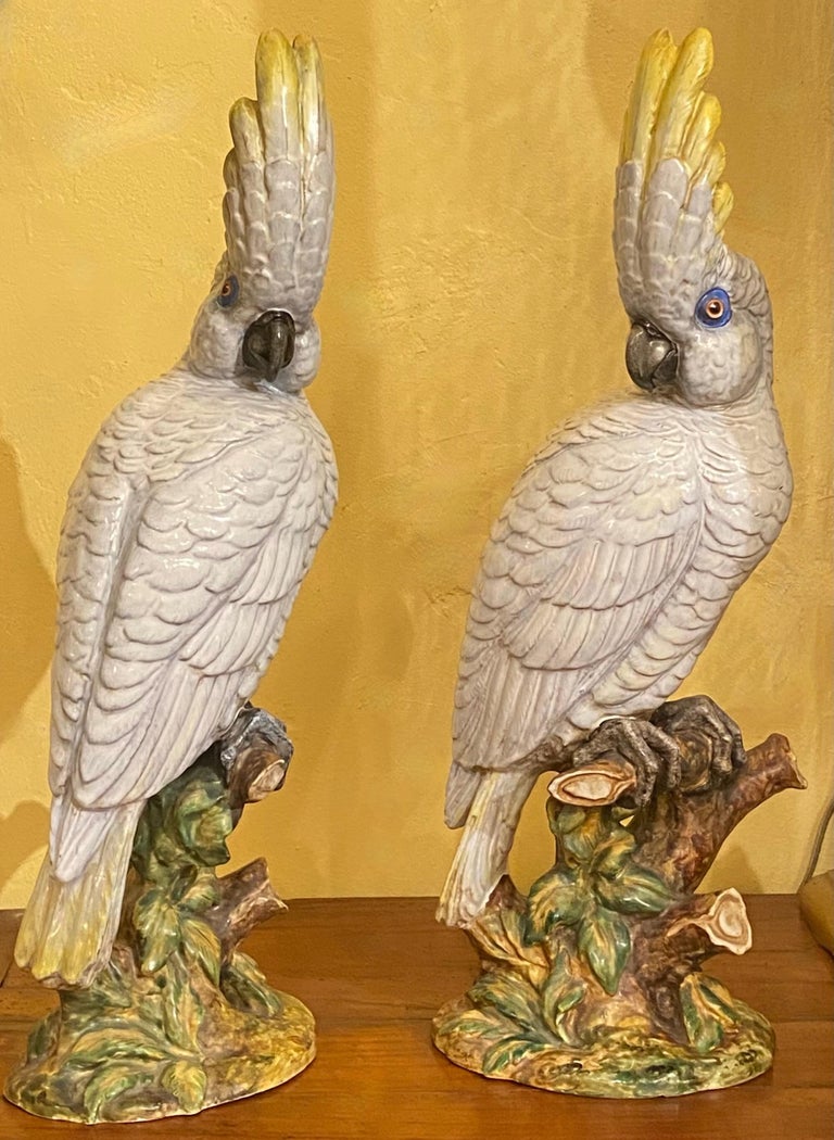 Pair of Italian Life Size Ceramic Cockatoo Sculptures, Mid 20th Century ...