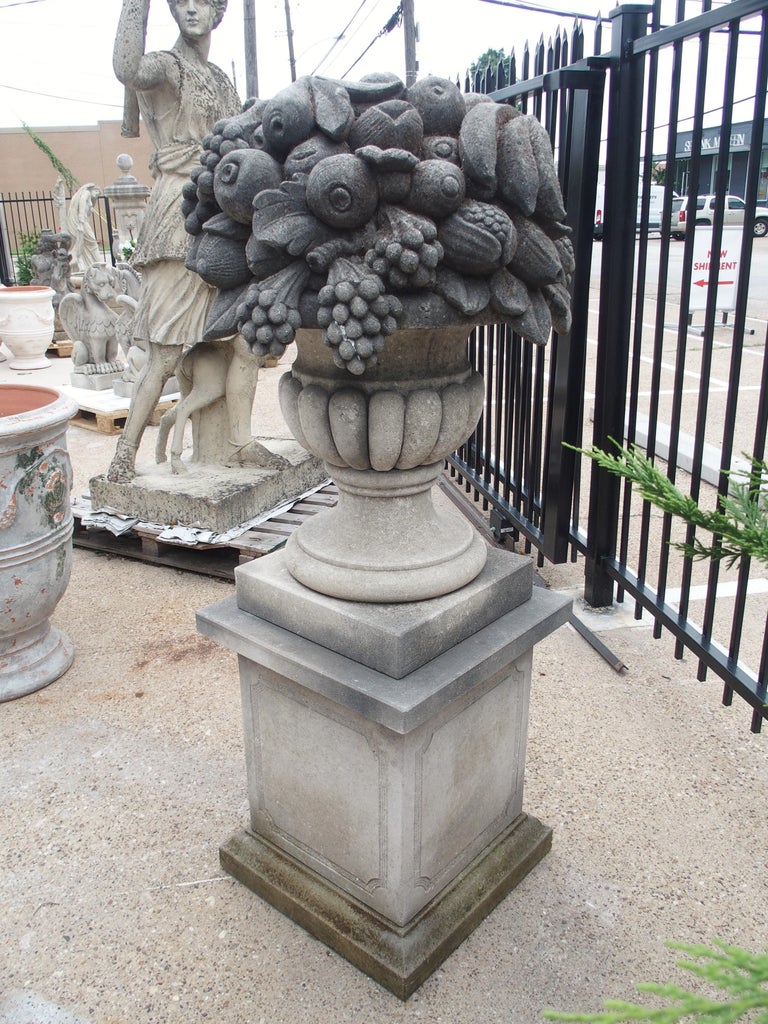 Pair of Italian Limestone Urns with Fruit and Floral Bouquets on ...