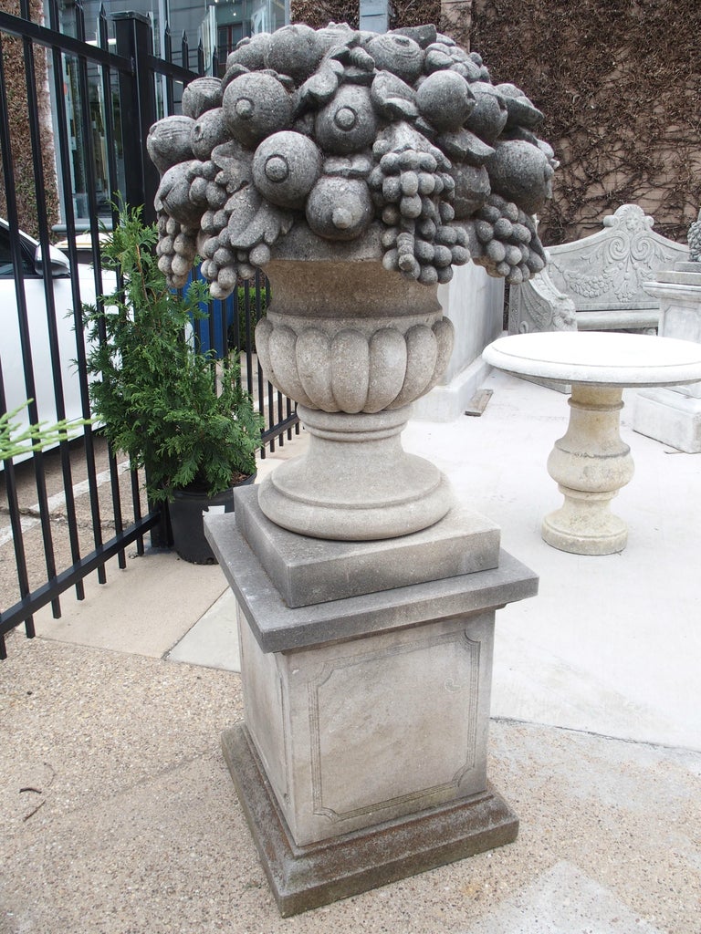 Pair of Italian Limestone Urns with Fruit and Floral Bouquets on ...