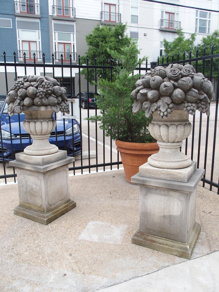 Pair of Italian Limestone Urns with Fruit and Floral Bouquets on ...