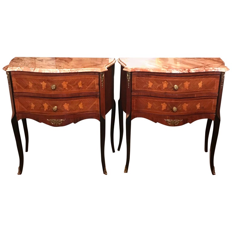 Pair of Italian Marble-Top Inlay Side Tables For Sale at 1stDibs