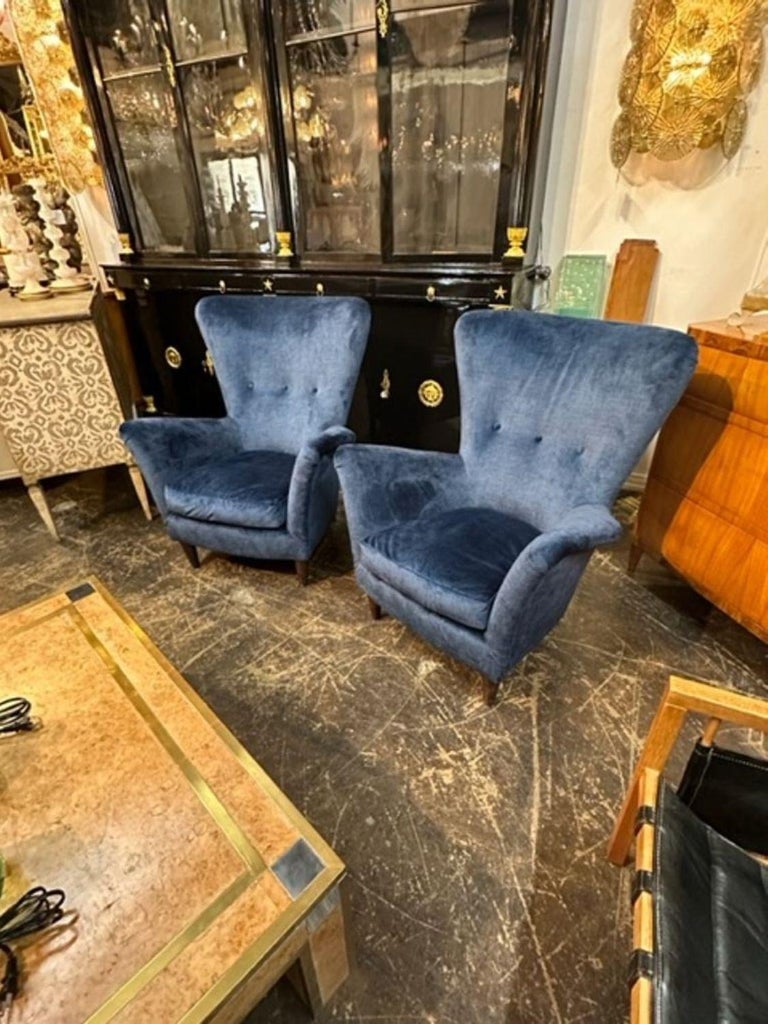 Pair of Italian MCM Velvet Upholstered Club Chairs For Sale at 1stDibs