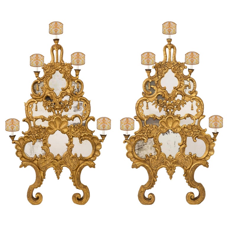 Pair of Italian Mid-18th Century, Mirrored Giltwood Baroque Sconces For ...