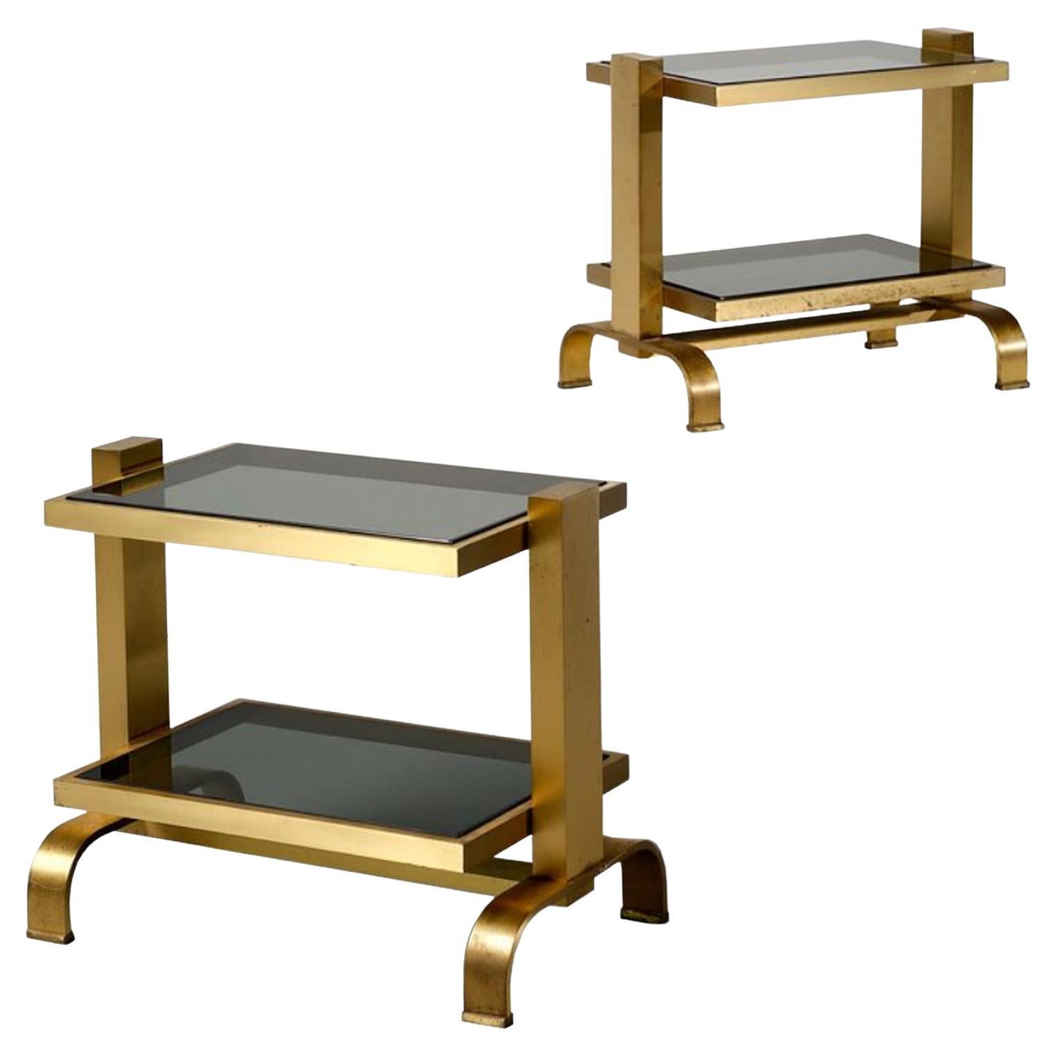 Pair of Italian Mid-Century Antique Brass Side Tables with Two Glass ...